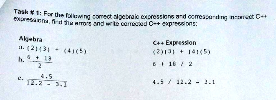 Task #1: For the following correct algebraic expressions and ...
