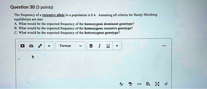 SOLVED: Question 30 (3 points) The frequency of a recefsive llele ... SOLVED: Question 30 (3 points) The frequency of a recefsive llele ...