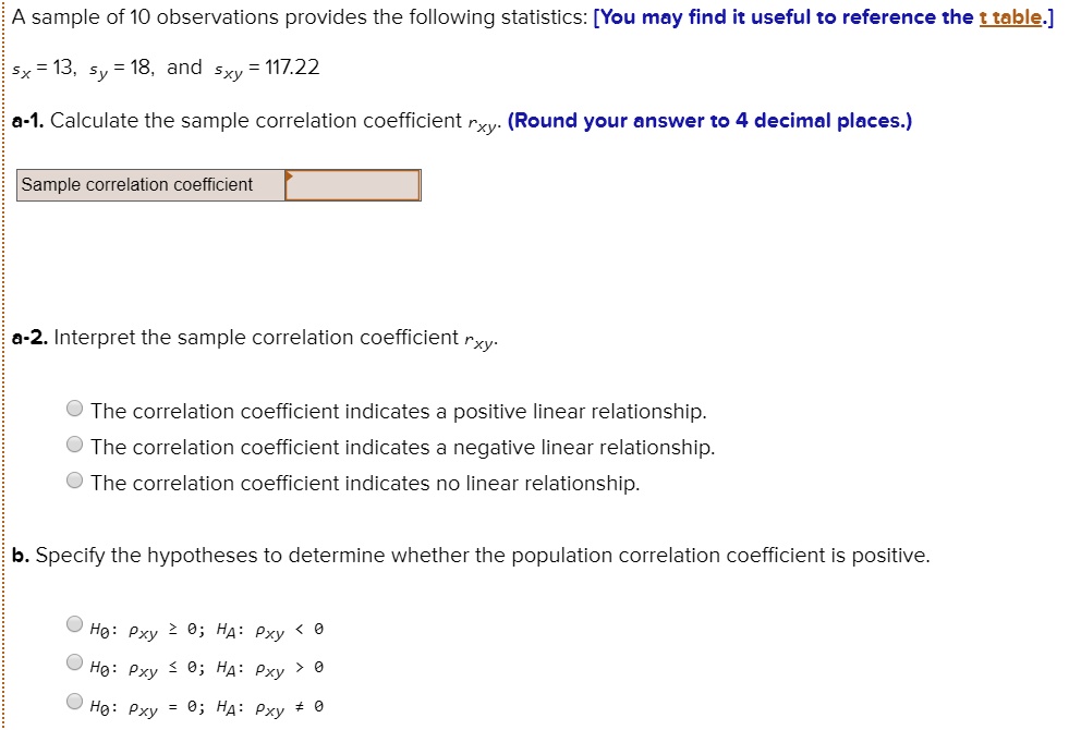 A sample of 10 observations provides the following statistics: [You may ...