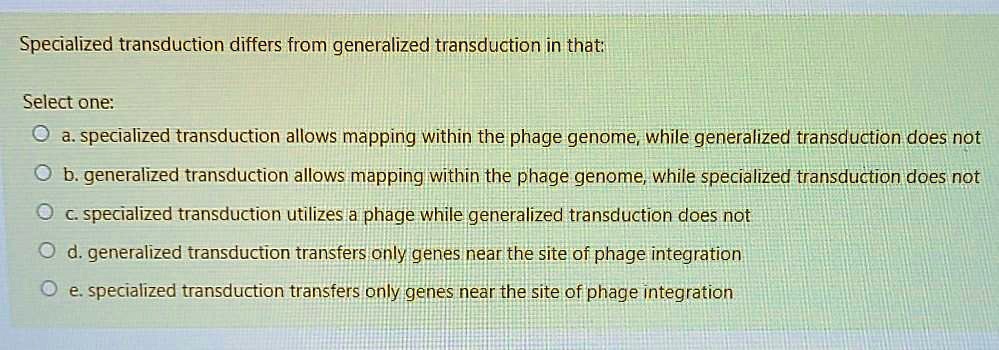 SOLVED:Specialized transduction differs from generalized transduction in that: Select one: a ...