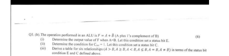 SOLVED: Q3. (b). The operation performed in an ALU is F=A+B̅ (A plus I's complement of B ) (i ...