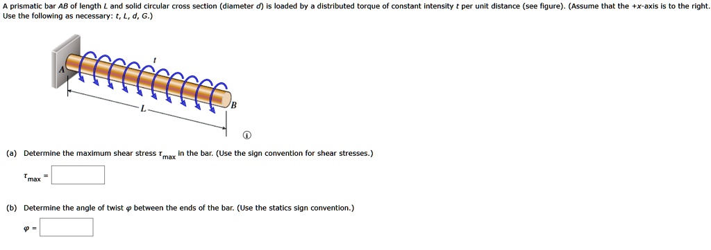 a prismatic bar ab of length l and solid circular cross section diameter d is loaded by a ...