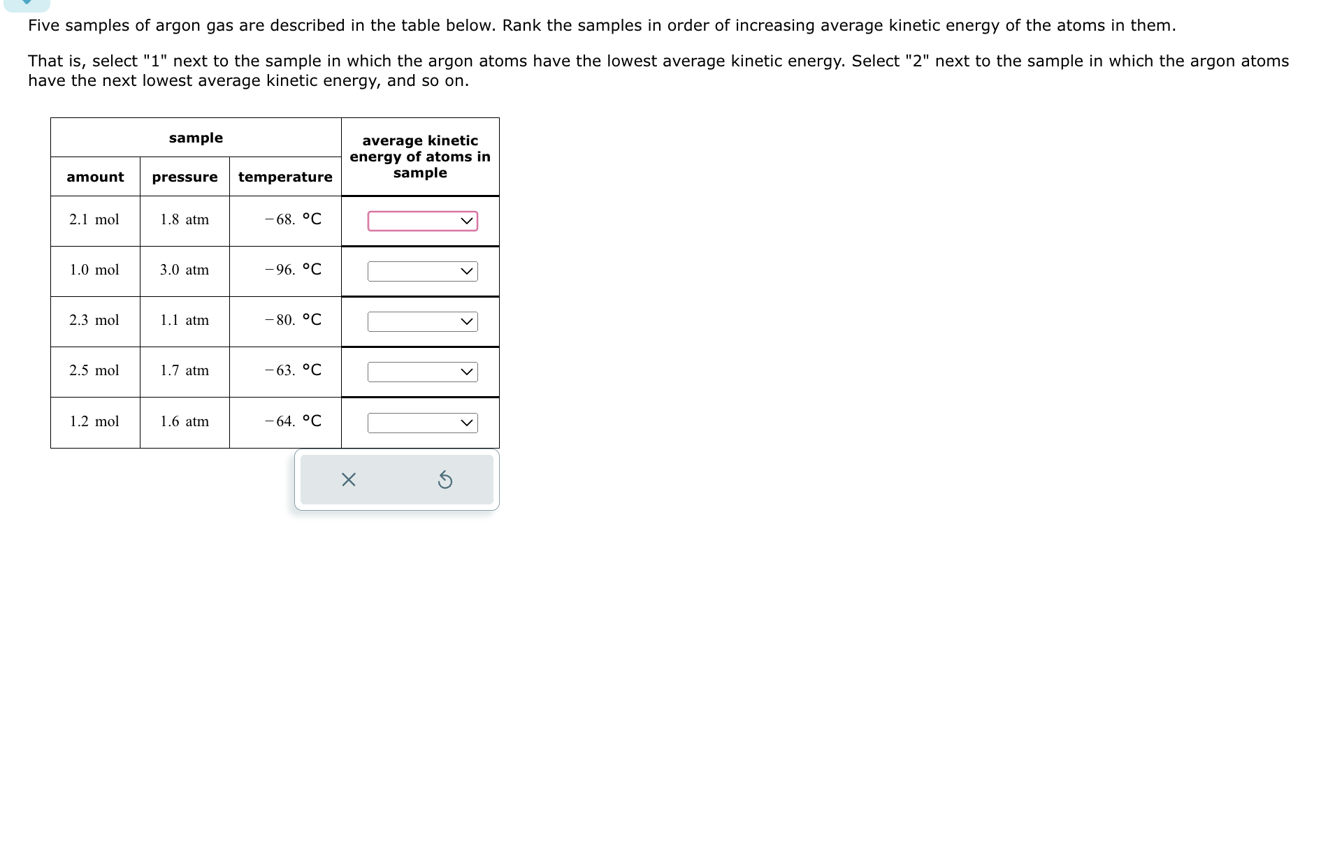 SOLVED: Five samples of argon gas are described in the table below ...