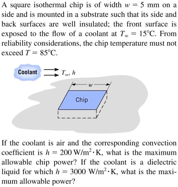 SOLVED: A square isothermal chip is of width w = 5 mm on each side and is mounted in a substrate ...