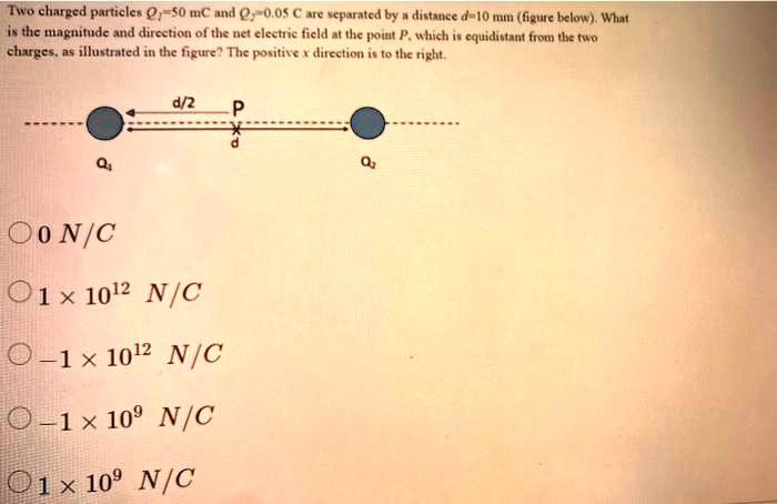 SOLVED: Two charged particles, q1 = 50 mC and q2 = 0.05 C, are separated by a distance d = 10 mm ...