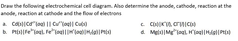 SOLVED: Draw the following electrochemical cell diagram. Also determine the anode, cathode ...