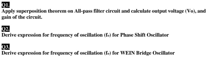Q1. Apply superposition theorem on All-pass filter circuit and calculate output voltage (Vo ...