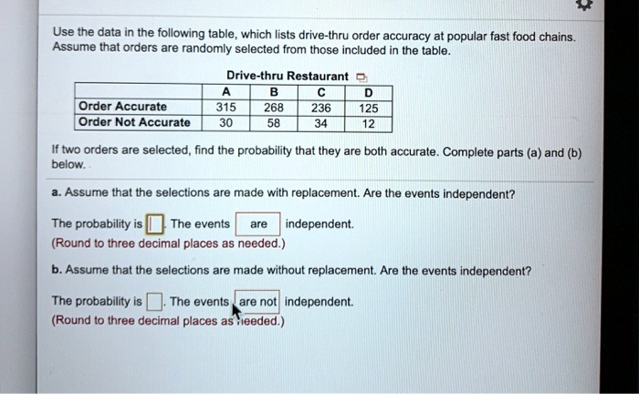 SOLVED: Use the data in the following table which lists dnve thru order ...