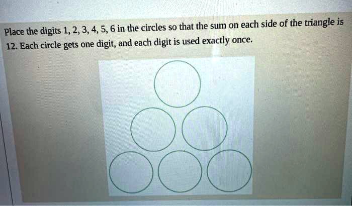 place the digits 123456in the circles so that the sum on each side of the triangle is 12 each ...