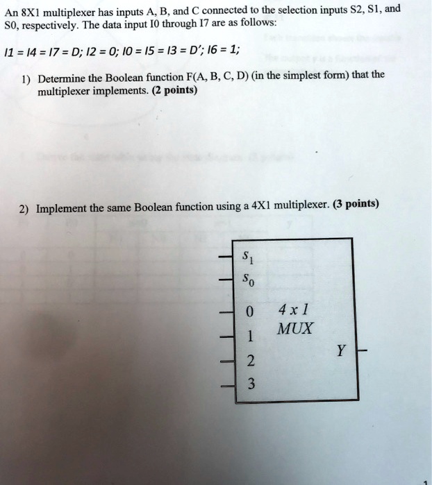 An 8X1 multiplexer has inputs A, B, and C connected to the selection inputs S2, S1, and S0 ...
