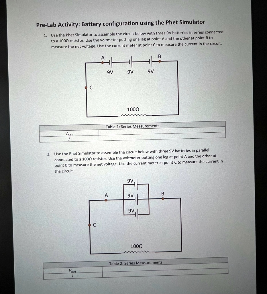 SOLVED: Pre-Lab Activity: Battery configuration using the Phet ...