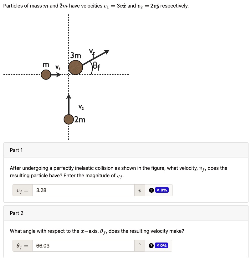Perfectly inelastic collision Particles of mass m and 2m have velocities v=3v and v=2v ...