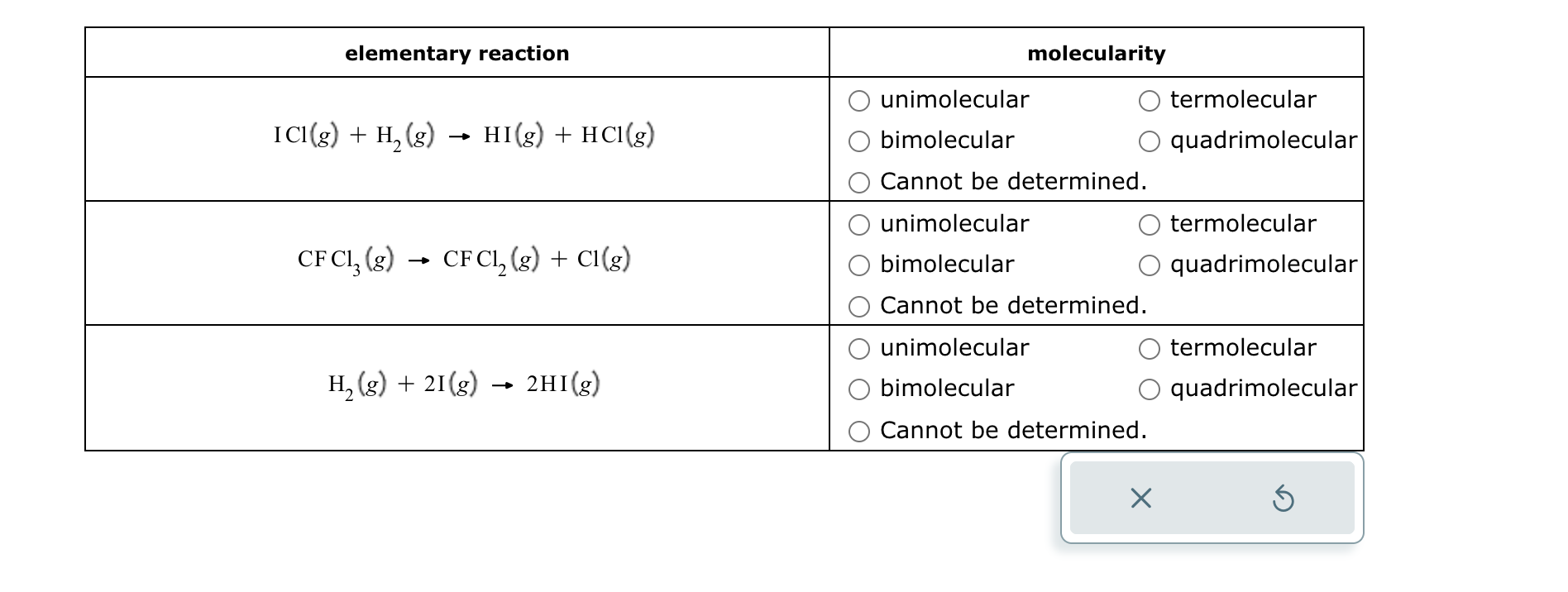 elementary reaction molecularity ICl(g)+H2(g) →HI(g)+HCl(g ...