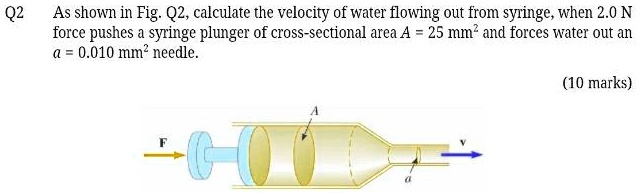 SOLVED: Q2 As shown in Fig: Q2, calculate the velocity of water flowing out from syringe, when 2 ...