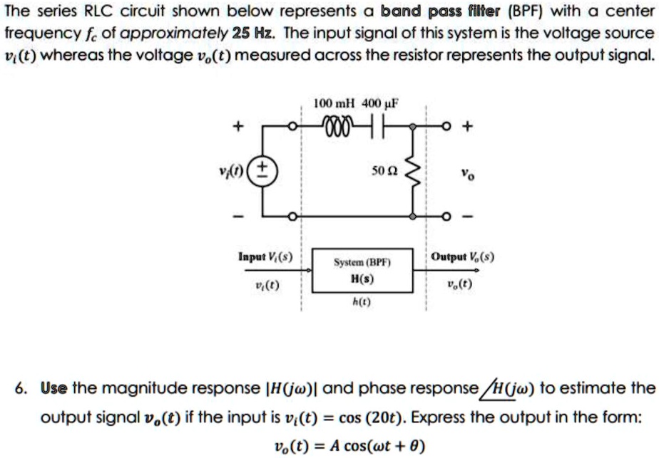 SOLVED: The series RLC circuit shown below represents a band pass filter (BPF) with a center ...