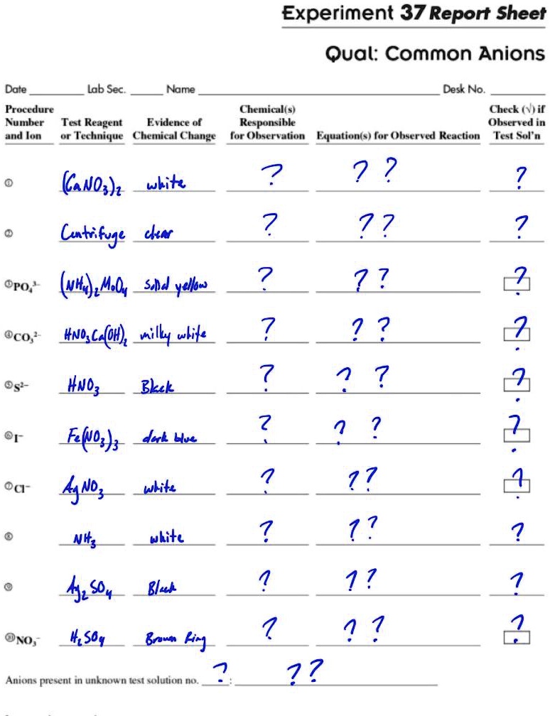 SOLVED: Experiment 37 Report Sheet Qual: Common Anions Date: Lab Sec ... SOLVED: Experiment 37 Report Sheet Qual: Common Anions Date: Lab Sec ...