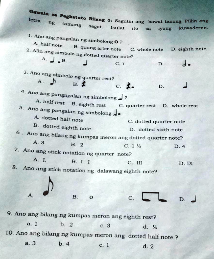 sagutin ang bawat tanongpiliin ang letra ng tamang sagotisulat ito sa ...