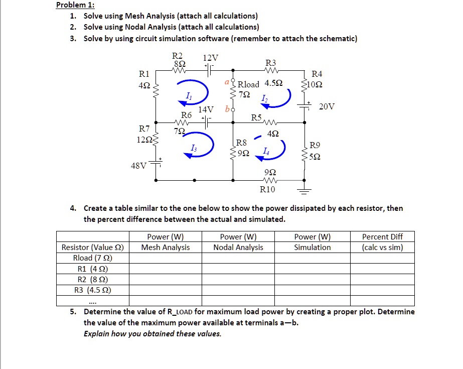 SOLVED: Problem 1: 1. Solve using Mesh Analysisattach all calculations 2. Solve using Nodal ...