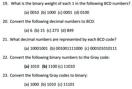 SOLVED: What is the binary weight of each in the following BCD numbers ...