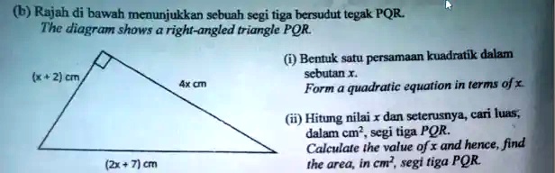 SOLVED: The diagram below shows a right-angled triangle PQR. Form a quadratic equation in terms ...