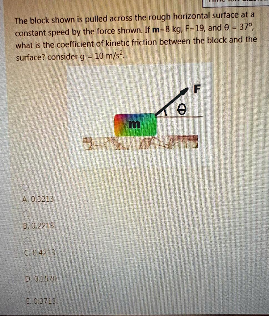 SOLVED: The block shown is pulled across a rough horizontal surface at a constant speed by the ...