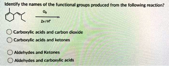 SOLVED: Identify the names of the functional groups produced from the following reaction ...