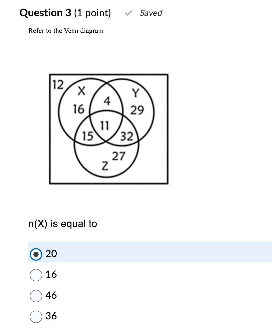 SOLVED: Question 3 (1 point) Saved Refer to the Venn diagram n(X) is ... SOLVED: Question 3 (1 point) Saved Refer to the Venn diagram n(X) is ...