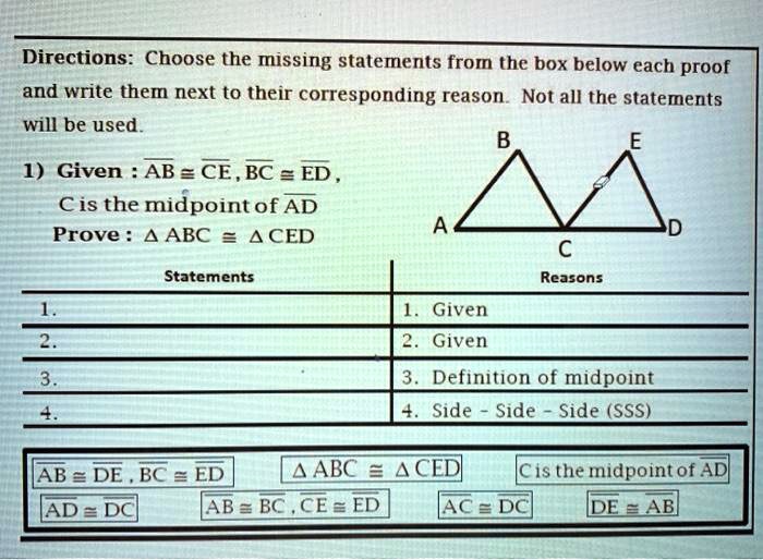 directions choose the missing statements from the box below each proof ...