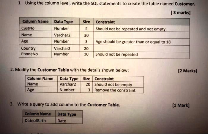 1 Using The Column Level Write The Sql Statements To Create The Table Named Customer 3marks 2918