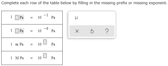 complete each row of the table below by filling in the missing prefix or missing exponent 6 m pa ...