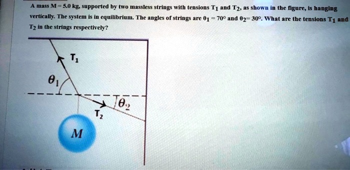 A mass M = 5.0 kg, supported by two massless strings with tensions T1 and T2, as shown in the ...