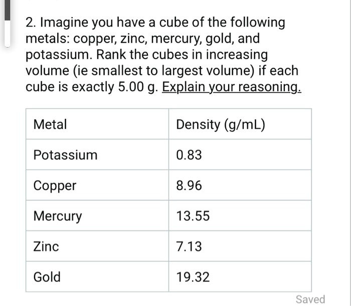 SOLVED: 2. Imagine you have a cube of the following metals: copper ...