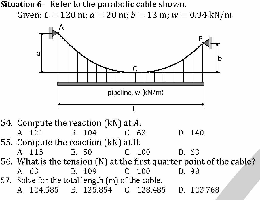 Situation 6 - Refer to the parabolic cable shown. Given: L=120 m ; a=20 ...
