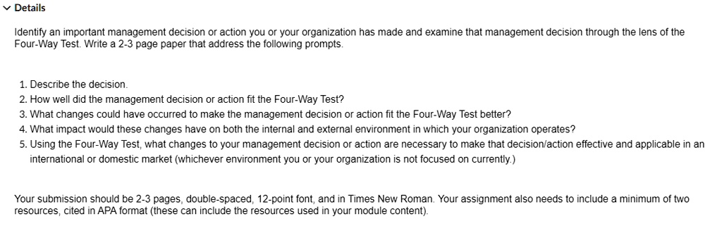 SOLVED: Details Identify an important management decision or action you ...