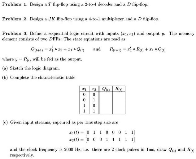 SOLVED: Problem 1. Design a T flip-flop using a 2-to-4 decoder and a D flip-flop. Problem 2 ...
