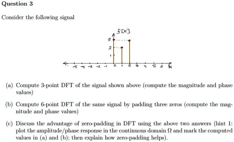 SOLVED: Consider the following signal: a) Compute the 3-point DFT of the signal shown above and ...