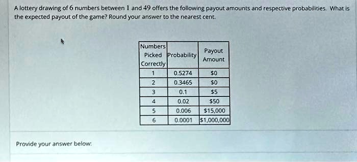 A lottery drawing of 6 numbers between 1 and 49 offers the following payout amounts and ...