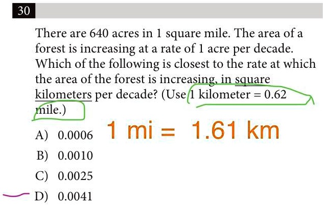 30 There are 640 acres in 1 square mile. The area of a forest is ...