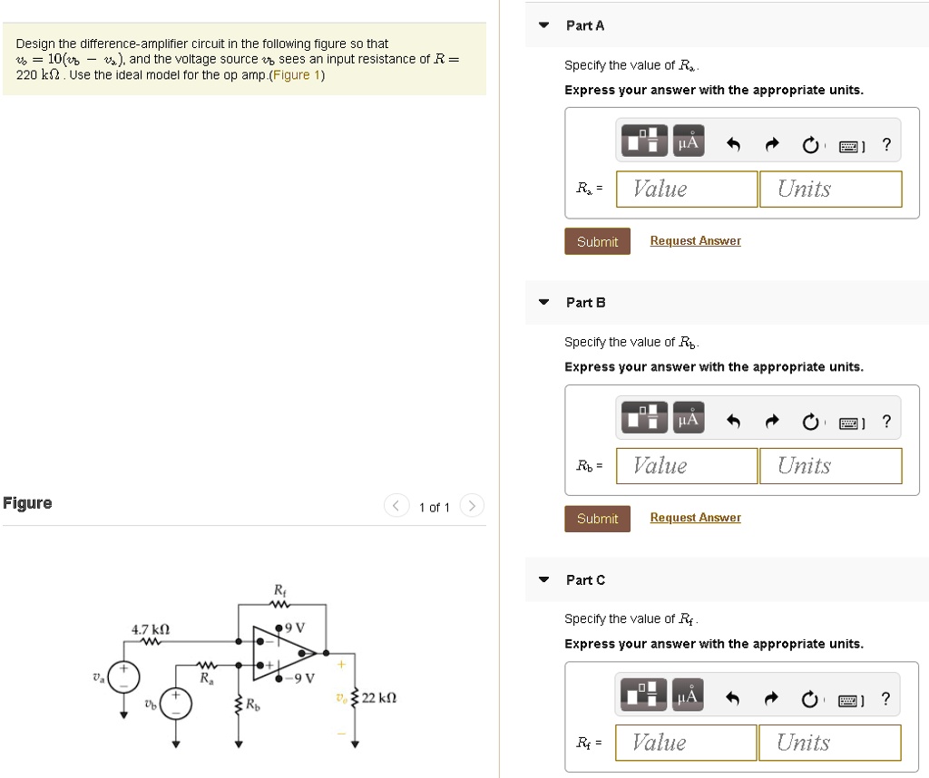 SOLVED: PartA Design the difference-amplifier circuit in the following ...