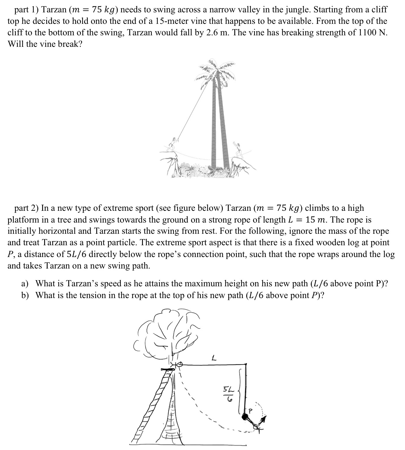 SOLVED: part 1) Tarzan ( m=75 kg) needs to swing across a narrow valley in the jungle. Starting ...