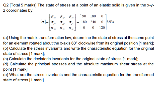 Q2 [Total 5 marks] The state of stress at a point of an elastic solid ...