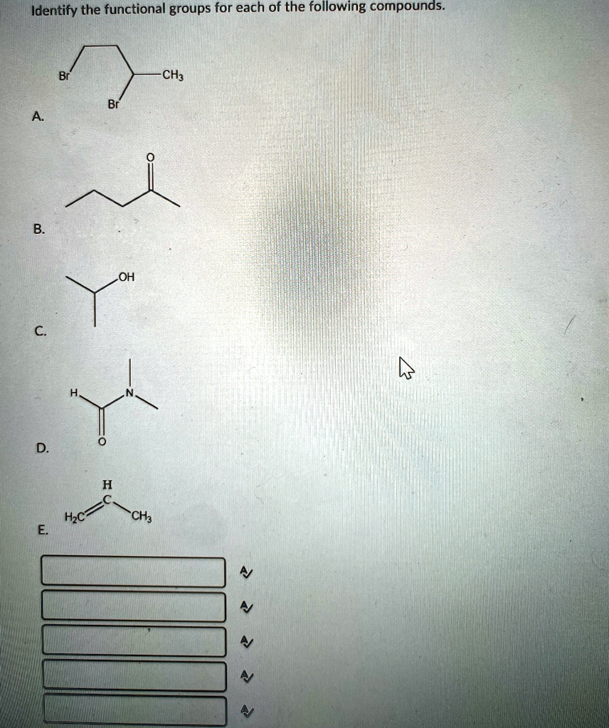 Identify the functional groups for each of the following compounds. A. Br -CH3 Br B. C. OH H N O ...