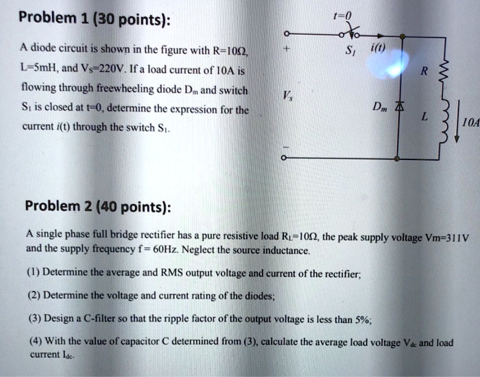 Problem 1 (30 points): A diode circuit is shown in the figure with R = 10 Î©, L = 5 mH, and Vs ...