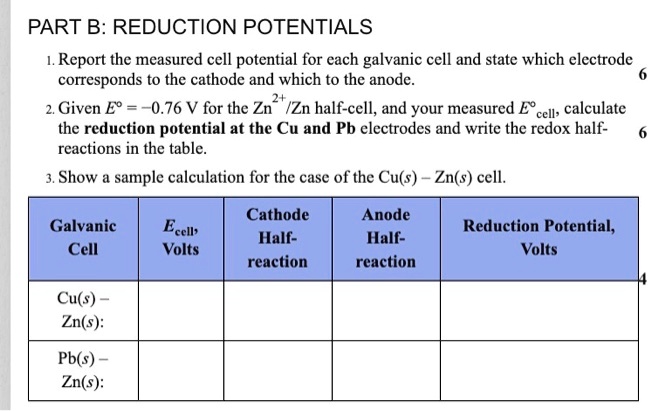 part b reduction potentials report the measured cell potential for each ...