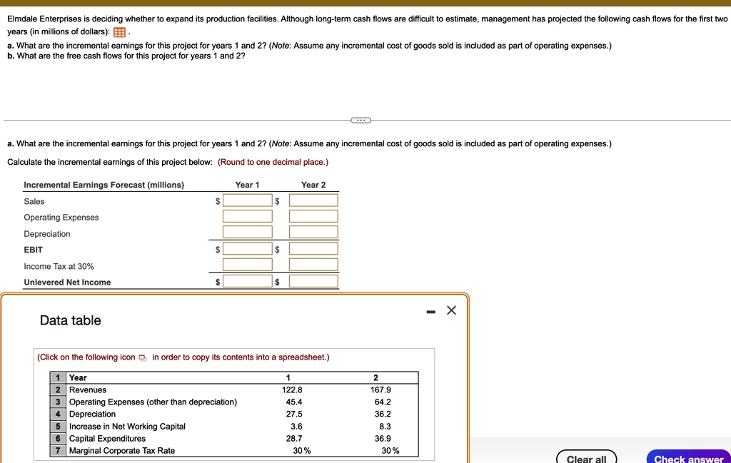 SOLVED: years (in millions of dollars): 圈. a. What are the incremental earnings for this project ...