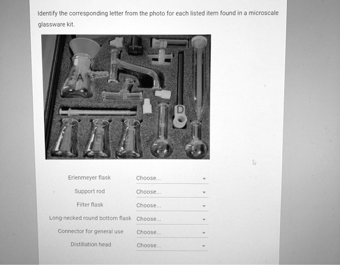 identify the corresponding letter from the photo for each listed ilem ...