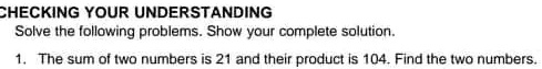 SOLVED: CHECKING YOUR UNDERSTANDING Solve Ihe ollowing problems. Show your complete solution ...