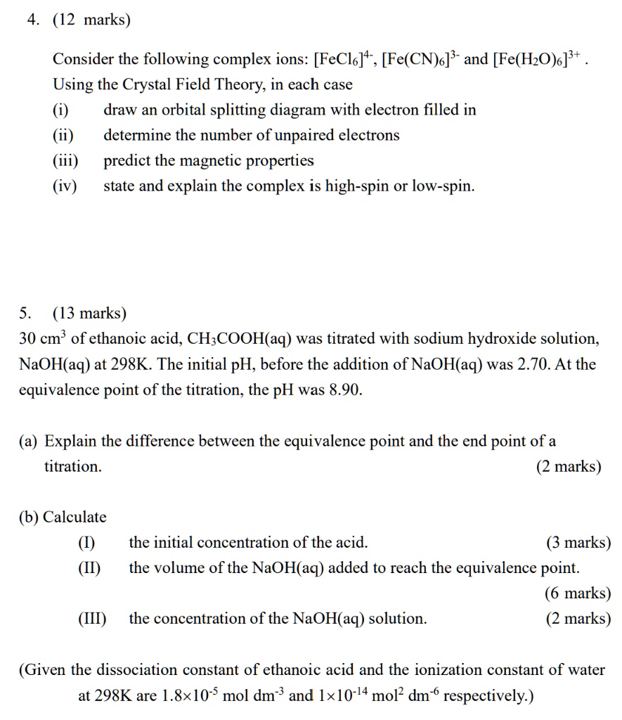 SOLVED: Consider the following complex ions: [FeCl]2-, [Fe(CN)6]4-, and ...