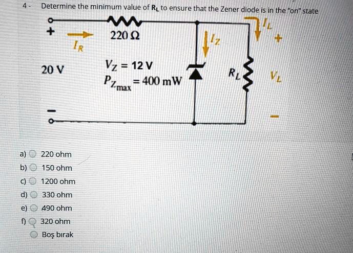Determine the minimum value of R to ensure that the Zener diode is in ...