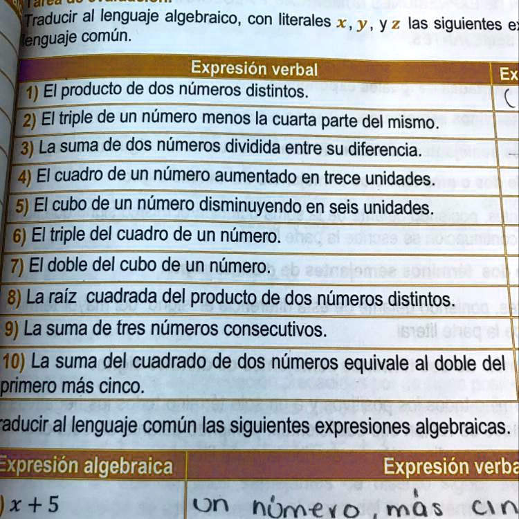 SOLVED: Pasar a expresión verbal aucu [Traducir al lenguaje algebraico ...